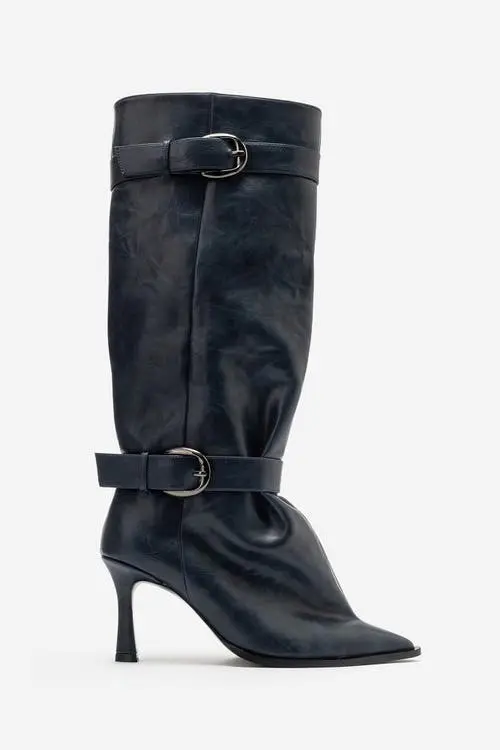 PROLOGUE SHOES Marcella Stiletto Knee High Boot - Navy