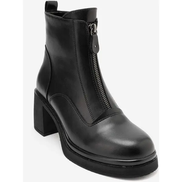 FOREVER & ALWAYS SHOES Stena Leather Front Zip Block Heel Boot - Black