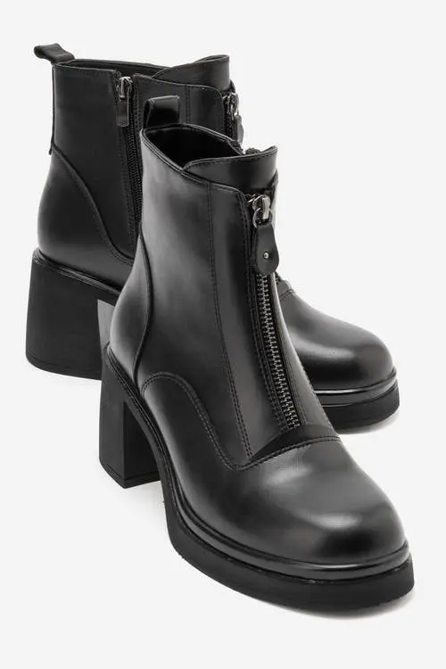 FOREVER & ALWAYS SHOES Stena Leather Front Zip Block Heel Boot - Black