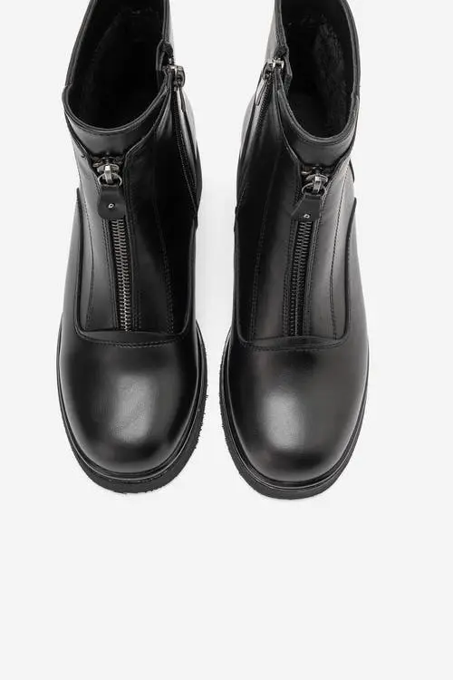 FOREVER & ALWAYS SHOES Stena Leather Front Zip Block Heel Boot - Black