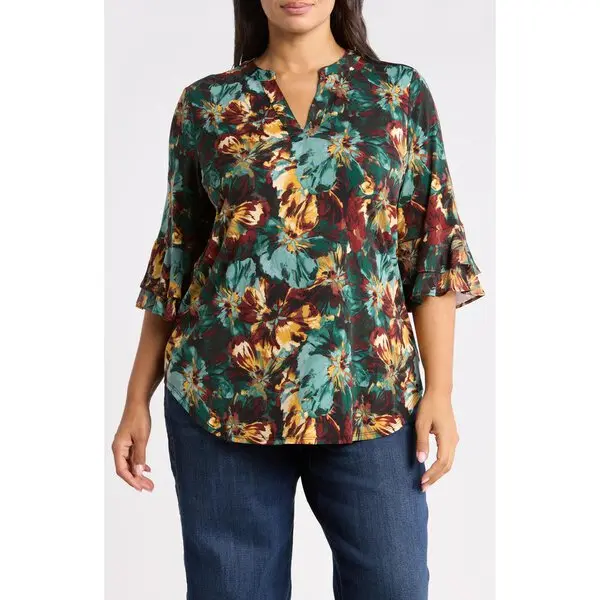 KASPER Split Neck Flutter Sleeve Tunic - Evergreen Multi
