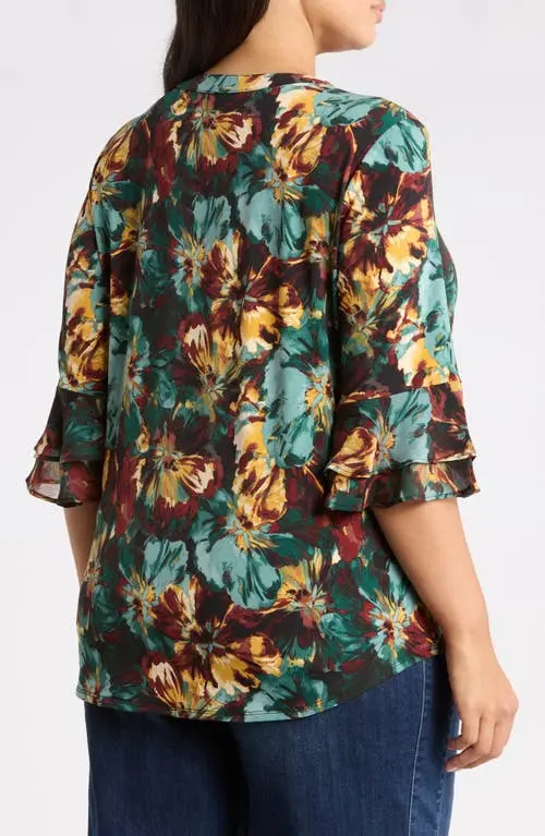 KASPER Split Neck Flutter Sleeve Tunic - Evergreen Multi