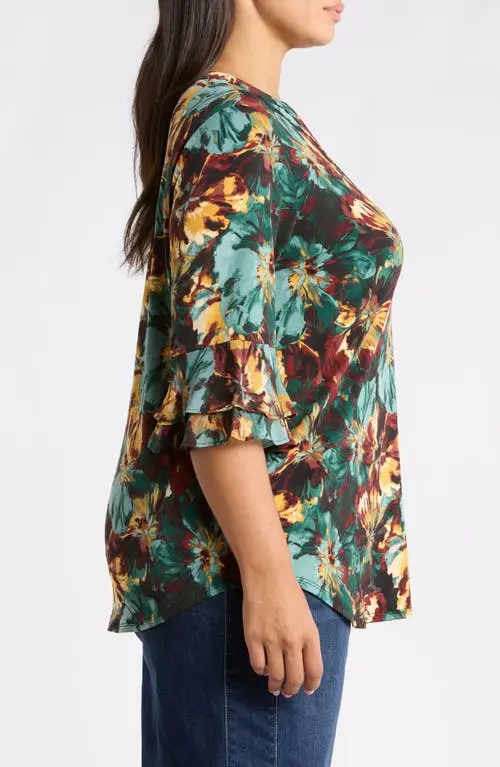 KASPER Split Neck Flutter Sleeve Tunic - Evergreen Multi