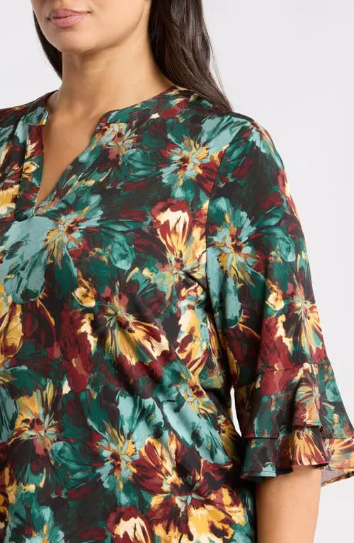 KASPER Split Neck Flutter Sleeve Tunic - Evergreen Multi