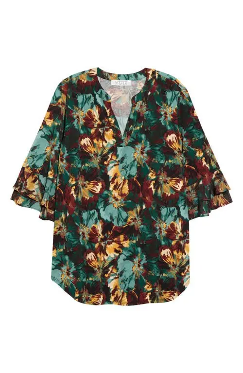 KASPER Split Neck Flutter Sleeve Tunic - Evergreen Multi