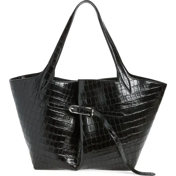 LIFFNER Belted Croc Embossed Leather Tote - Black