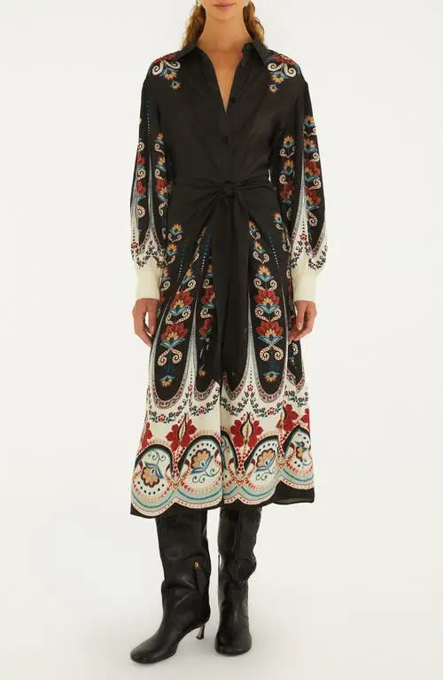 Farm Rio Nikita Long Sleeve Midi Shirt Dress - Black