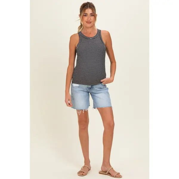 PINKBLUSH Distressed Frayed Hem Midi Maternity Jean Shorts