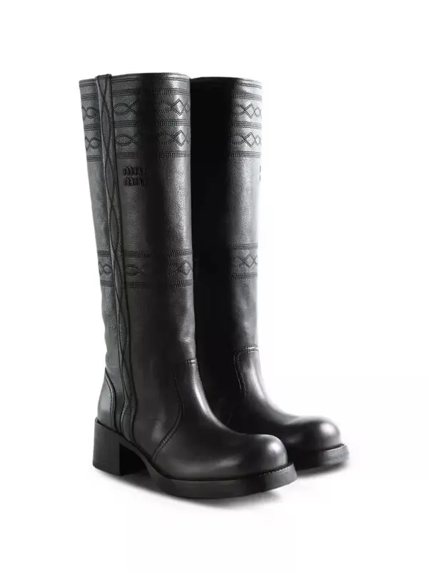 Miu Miu Embroidered Leather Boots - Grey