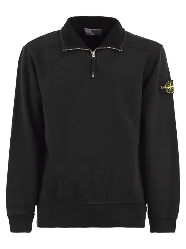 Stone Island Cotton Sweatshirt With High Neck And Half Zip - Black