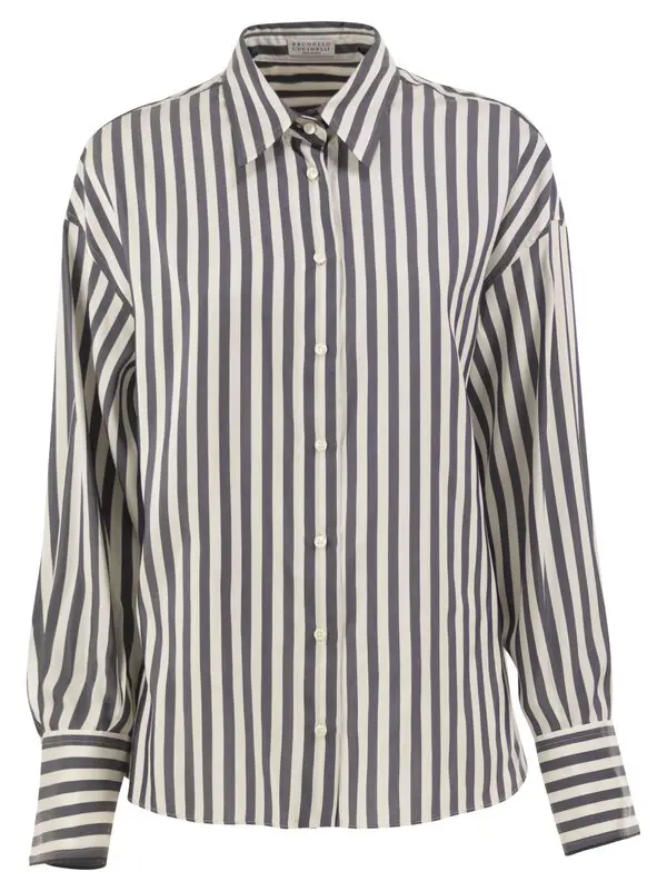 Brunello Cucinelli Striped Silk Shirt With Knitted Insert