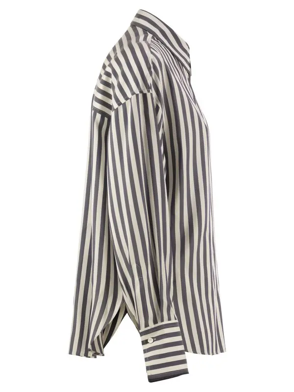 Brunello Cucinelli Striped Silk Shirt With Knitted Insert
