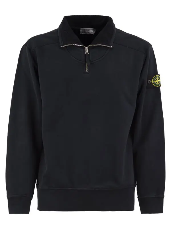 Stone Island Cotton Sweatshirt With High Neck And Half Zip - Blue