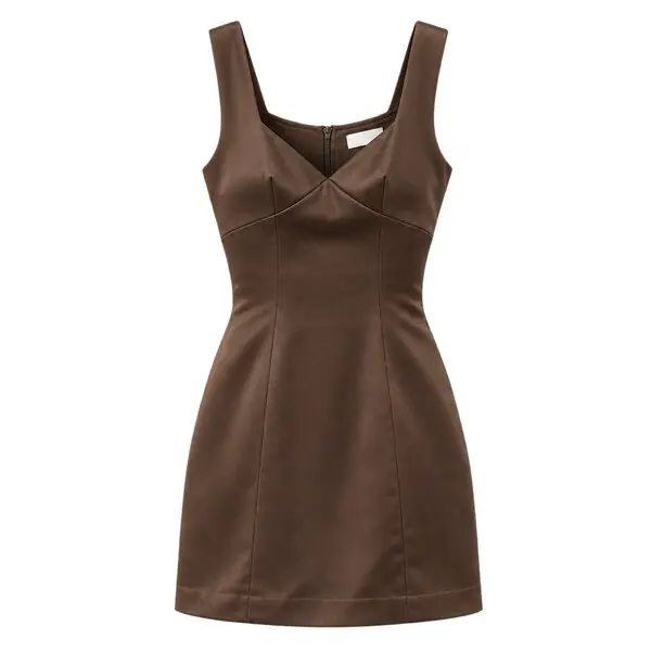 BELSIZE25 Golden Time Dress – Heavyweight Satin Sweetheart Mini Dress In Chocolate - Brown
