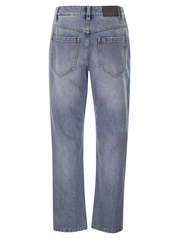 Brunello Cucinelli Straight Trousers In Authentic Denim With Shiny Bartack - Multicolor