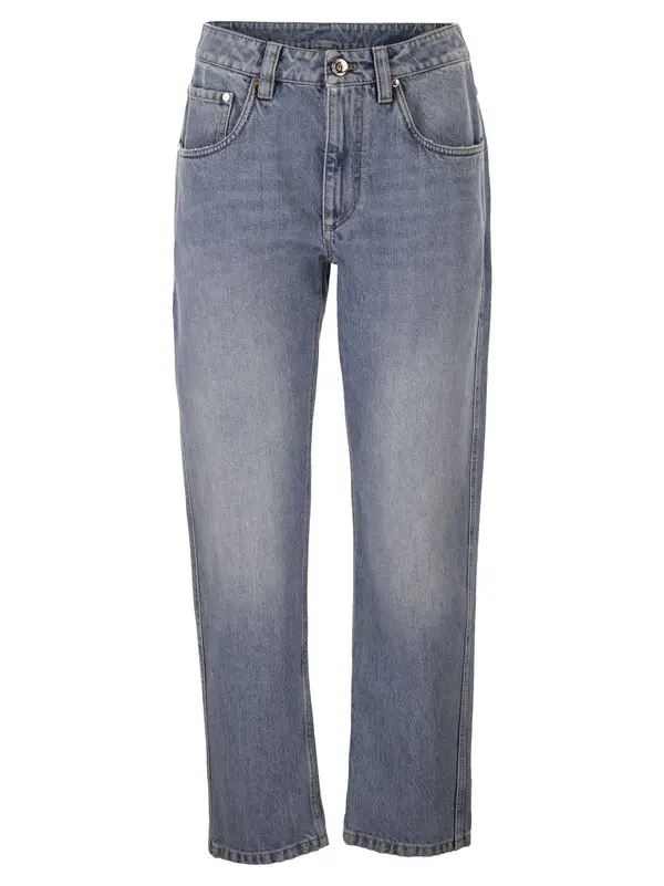 Brunello Cucinelli Straight Trousers In Authentic Denim With Shiny Bartack - Multicolor