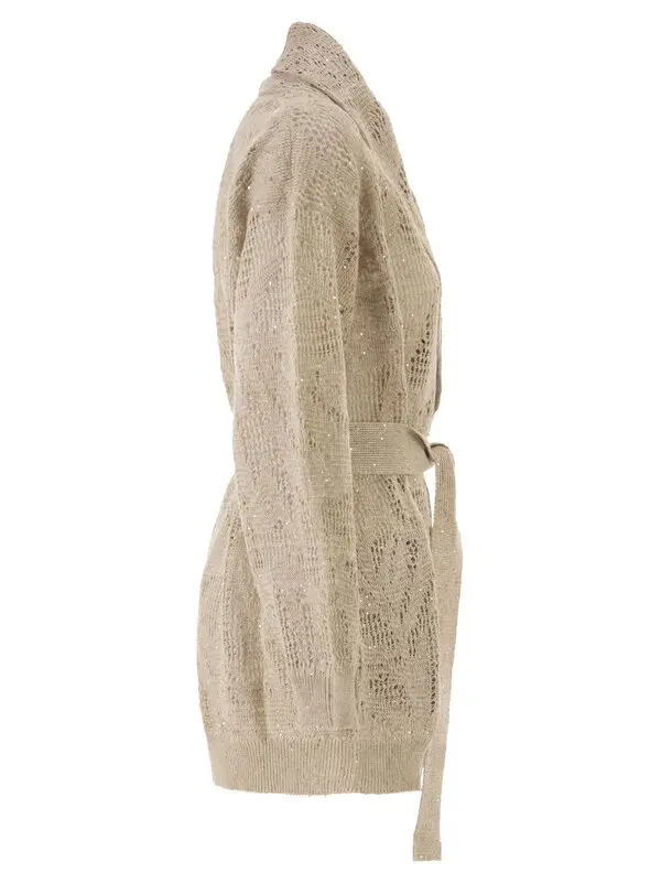 Brunello Cucinelli Dazzling Water Lilies Cardigan In Linen And Cotton With Belt
