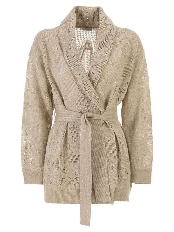 Brunello Cucinelli Dazzling Water Lilies Cardigan In Linen And Cotton With Belt - Beige