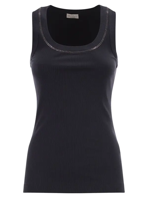 Brunello Cucinelli Sleeveless Ribbed Top In Stretch Cotton With Jewelled Trim - Blue