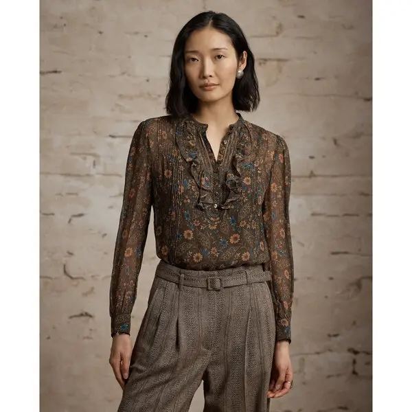 Ralph Lauren Floral Crinkled Silk Chiffon Blouse