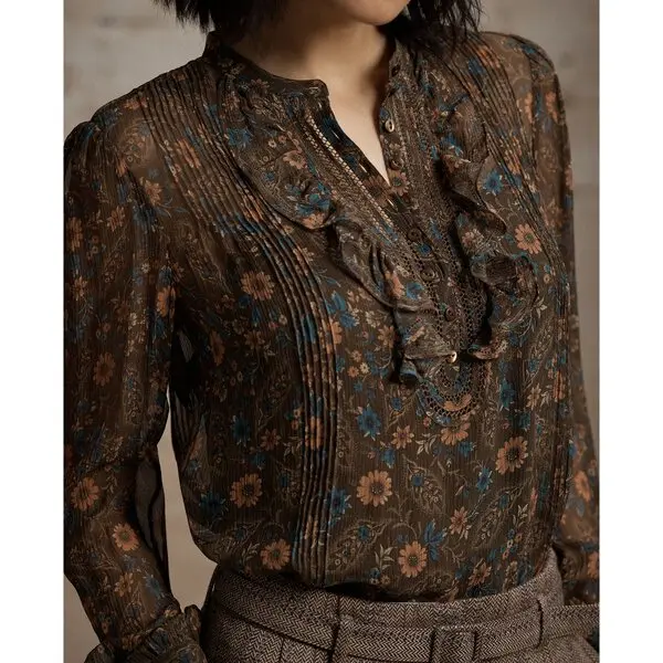 Ralph Lauren Floral Crinkled Silk Chiffon Blouse