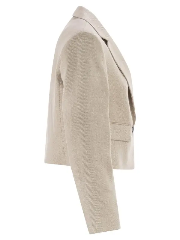 Brunello Cucinelli Chevron Linen And Cotton Crop Jacket With Necklace - Cream