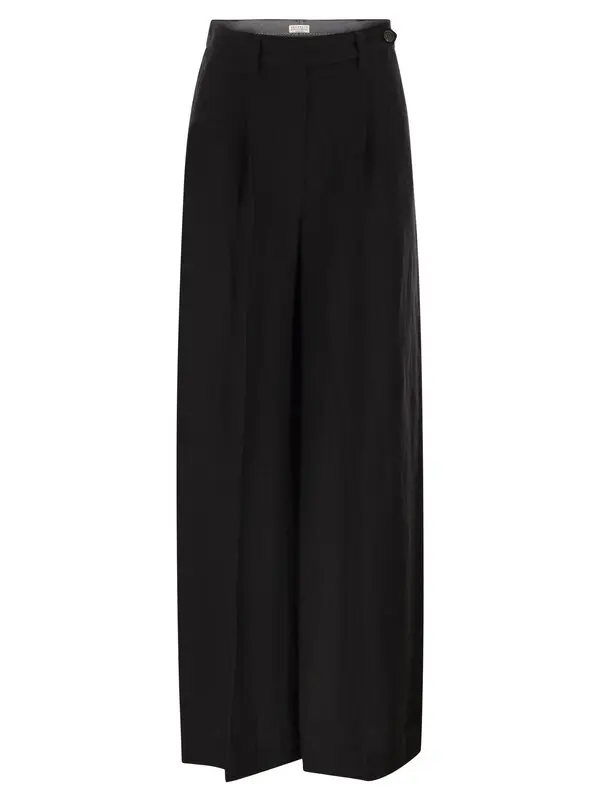 Brunello Cucinelli Tailored Trousers In Fluid Viscose And Linen Twill With Double Pleats - Black