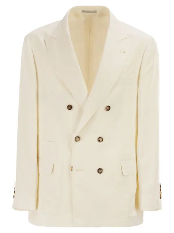 Brunello Cucinelli Double-breasted Jacket In Silk And Linen - White