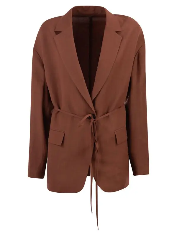 Brunello Cucinelli Fluid Viscose And Linen Twill Jacket With Jewellery - Brown