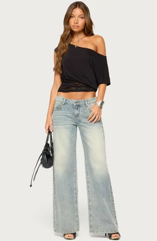 EDIKTED Teala Studded Low Rise Wide Leg Jeans