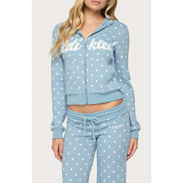 EDIKTED Dilly Polka Dot Waffle Full Zip Hoodie