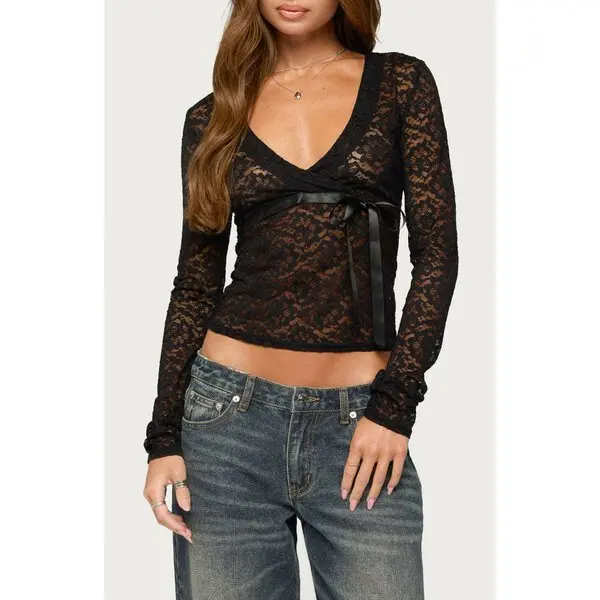 EDIKTED Zanda Sheer Lace Long Sleeve Top