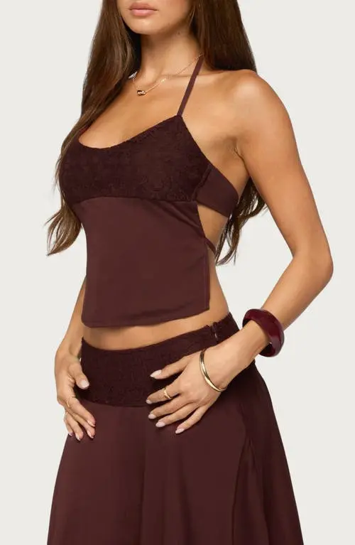 EDIKTED Evia Lace Trim Tie Back Halter Top