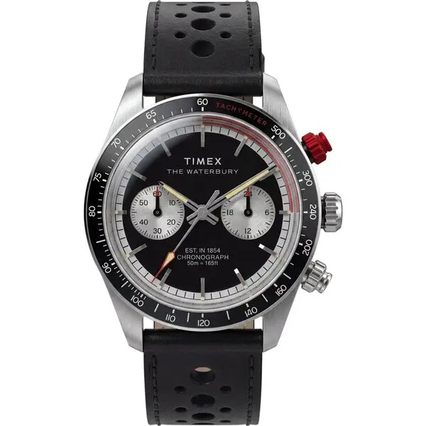 Timex® Waterbury Heritage Chronograph Leather Strap Watch - Black