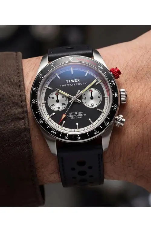 Timex® Waterbury Heritage Chronograph Leather Strap Watch - Black