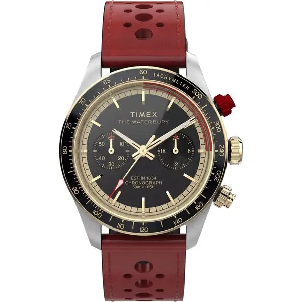 Timex® Waterbury Heritage Chronograph Leather Strap Watch - Red