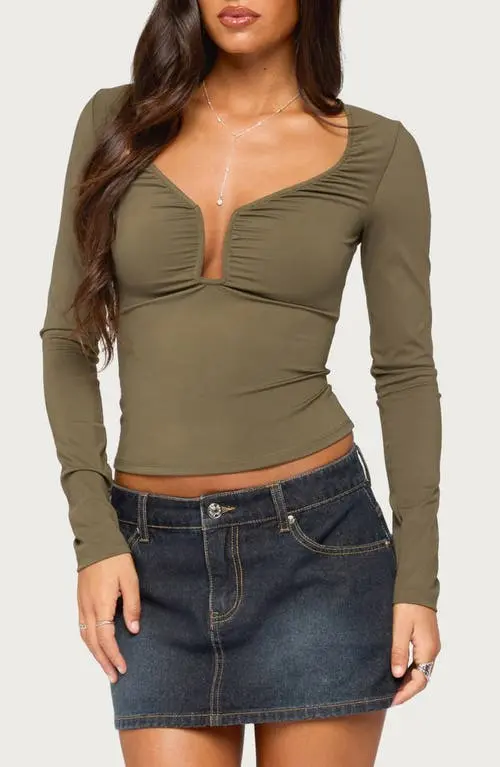 EDIKTED Blyss Curved U Long Sleeve Top - Olive
