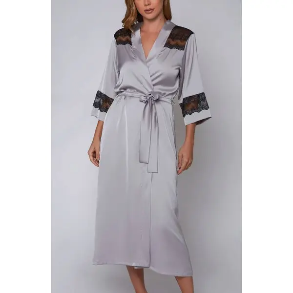 ICOLLECTION Lace Trim Satin Long Robe - Silver-black