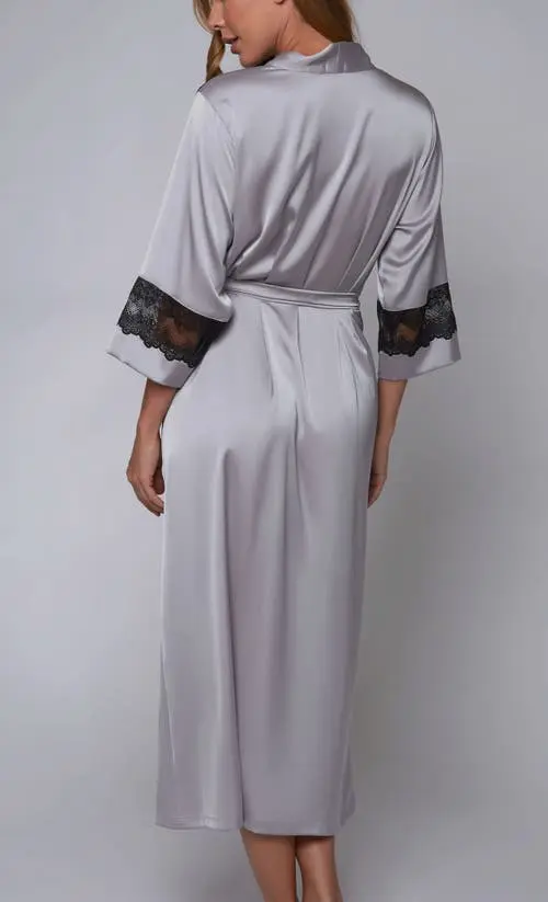 ICOLLECTION Lace Trim Satin Long Robe
