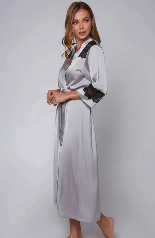 ICOLLECTION Lace Trim Satin Long Robe