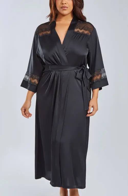 ICOLLECTION Lace Trim Satin Long Robe - Black