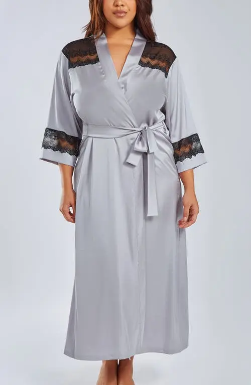ICOLLECTION Lace Trim Satin Long Robe - Silver-black