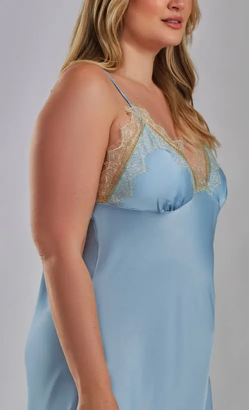 ICOLLECTION Eyelash Lace Trim Satin Chemise - Light-blue