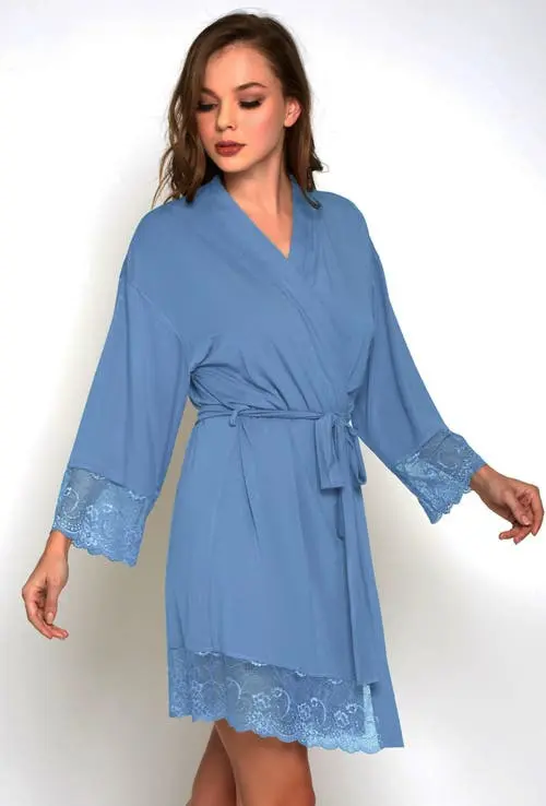 ICOLLECTION Lace Trim Viscose Wrap Robe - Blue