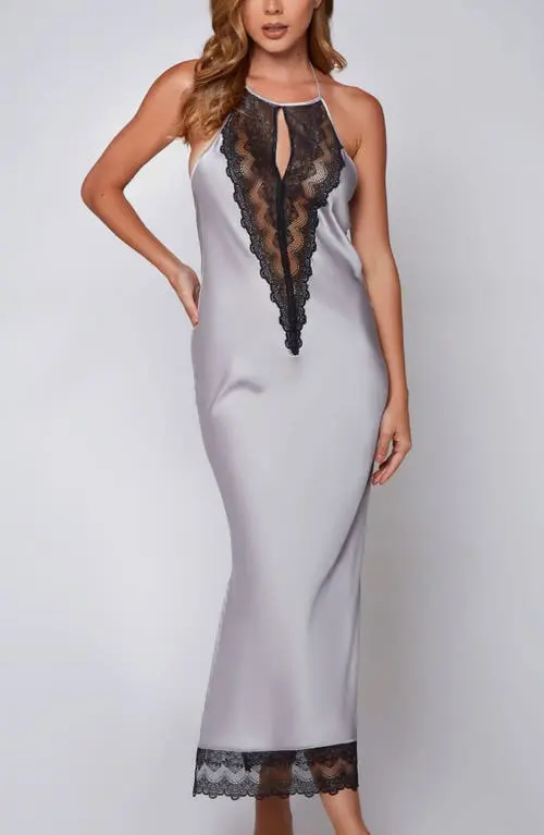 ICOLLECTION Lace Inset Satin Halter Nightgown - Silver-black