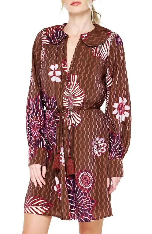 CIEBON Willow Print Tie Waist Long Sleeve Dress