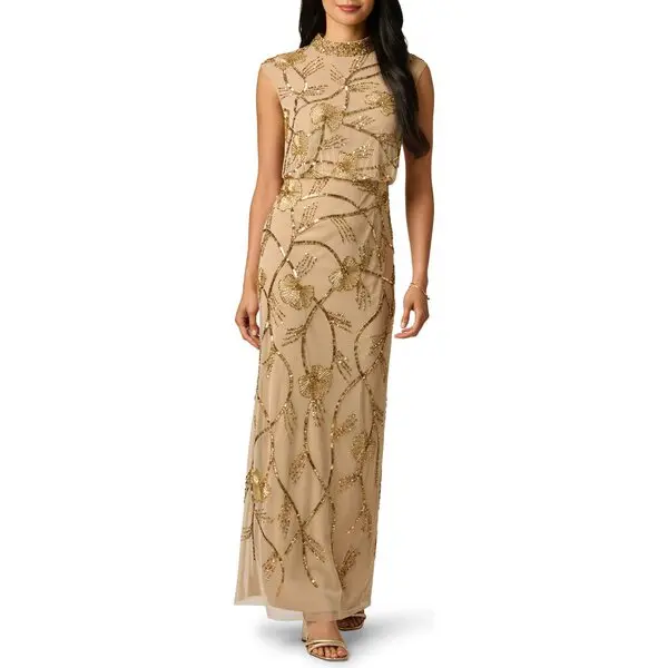 Adrianna Papell Beaded Mock Neck Sleeveless Gown
