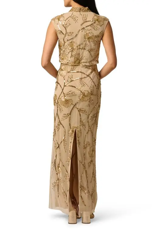 Adrianna Papell Beaded Mock Neck Sleeveless Gown