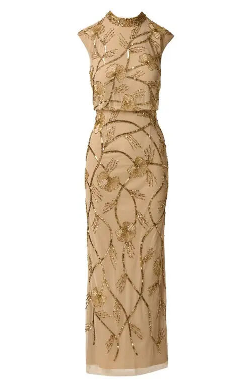 Adrianna Papell Beaded Mock Neck Sleeveless Gown