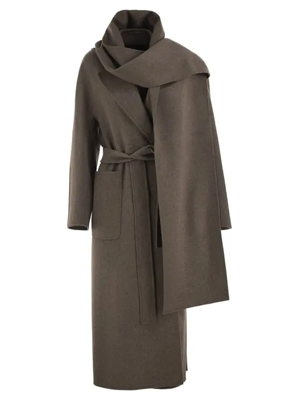 Max Mara Smmpeonie Pure Virgin Wool Coat With Integrated Scarf - Brown